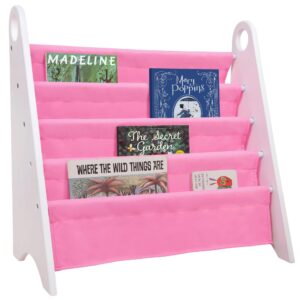 wildkin kids modern sling bookshelf for boys and girls, wooden design features two top handles and four fabric shelves, helps keep bedrooms, playrooms, and classrooms organized (white and pink)