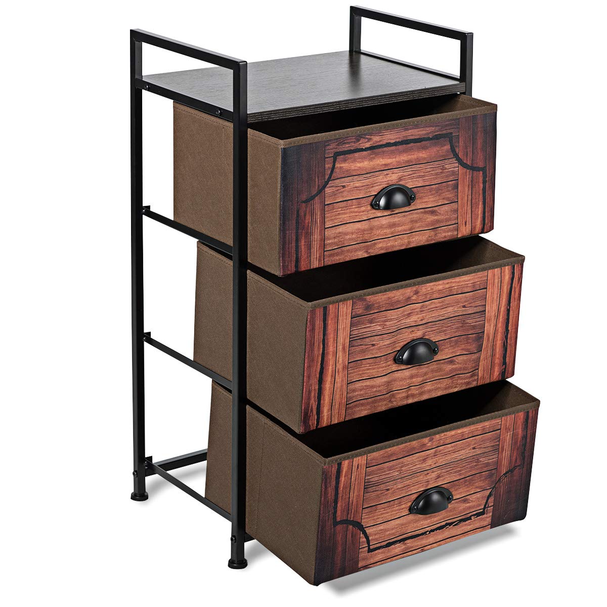 Tangkula 3 Drawer Dresser, Vertical Dresser Storage Tower with Fabric Drawers and Steel Frame, Industrial Wood Look Organizer Unit for Closet Entryway, Retro Freestanding Dresser