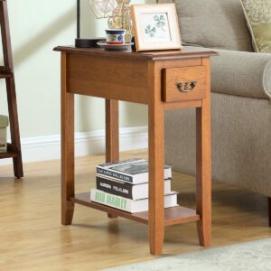 tangkula narrow end table, slim side table with drawer and open shelf, small end tables for small spaces, narrow nightstand bedside table for living room bedroom, 9.8 x 23.6 x 23.6 inches (1, walnut)