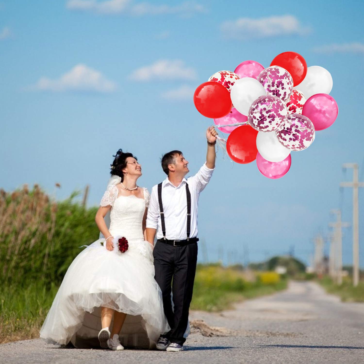 50PCS 12 Inches Latex Balloons Confetti Balloons Set - Red & Pink & White Balloons Helium Balloons for Valentines Day Bridal Shower Wedding Party Decorations Supplies