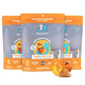 shameless pets soft-baked dog treats, pumpkin nut partay - natural & healthy dog chews for digestive support with fiber - dog biscuits baked & made in usa, free from grain, corn & soy - 3-pack