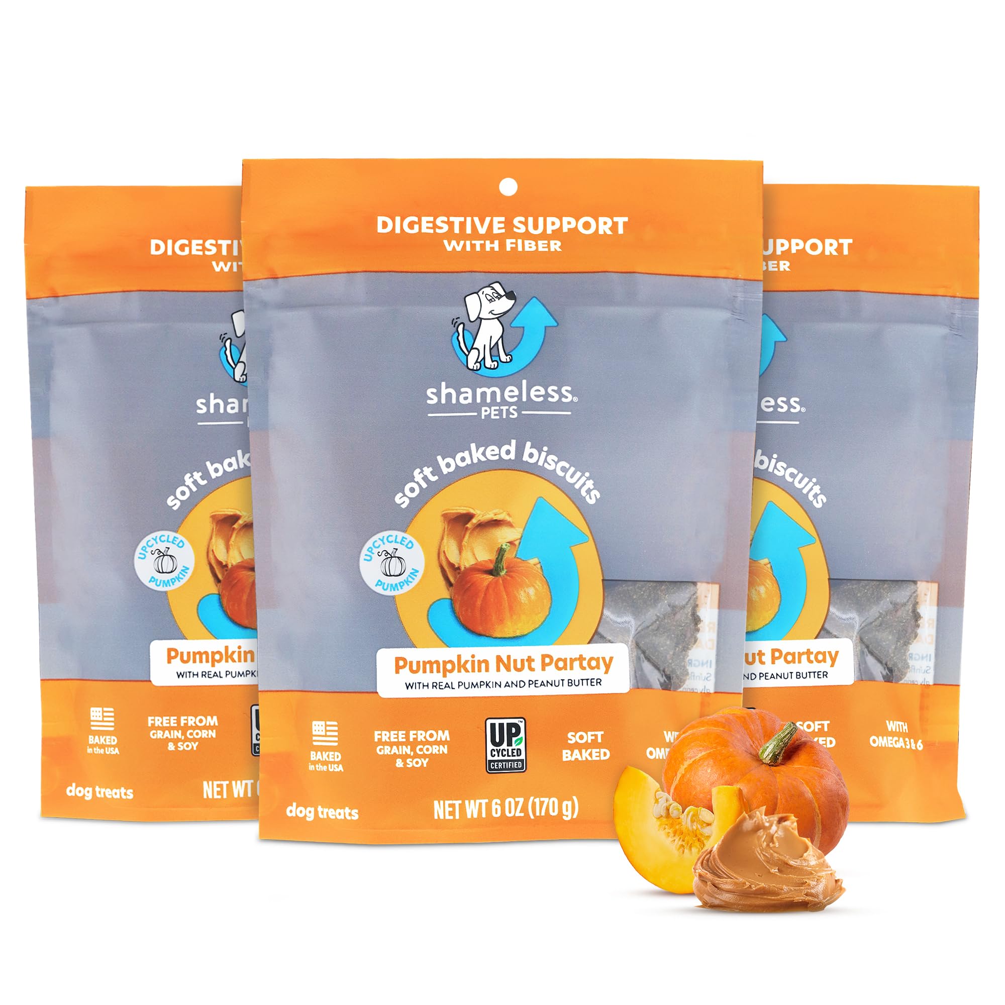 Shameless Pets Soft-Baked Dog Treats, Pumpkin Nut Partay - Natural & Healthy Dog Chews for Digestive Support with Fiber - Dog Biscuits Baked & Made in USA, Free from Grain, Corn & Soy - 3-Pack