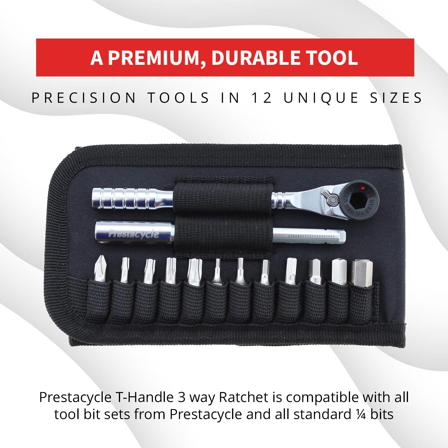 Prestacycle Pro T Handle Ratchet Set - 12-Piece Hex Bit Tool Kit & 3 Way Ratchet, Compact & Flexible Wallet Holder, Heavy-Duty T Handle Set for Bicycle Maintenance, 60 Nm Torque