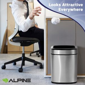 Alpine 6 L Stainless Steel Slim Open Trash Can - Compact Garbage Bin - Wide Access Top Slender Durable Receptacle with Sturdy Plastic Liner (1.6 Gal)