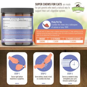 Strawfield Pets Super Chews for Cats - Lysine, Probiotics, Omega 3 Fish Oil (Salmon Oil), Catnip - Supports Immune, Gut, Skin & Joint Health - 120 Hickory Bacon Salmon & Liver Flavored Softchews