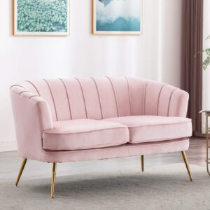 Artechworks Contemporary Velvet Loveseat Chair with Gold-Finished Metal Legs, 2-Seat Sofa for Living Room, Bedroom, Home Office, Pink