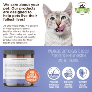 Strawfield Pets Super Chews for Cats - Lysine, Probiotics, Omega 3 Fish Oil (Salmon Oil), Catnip - Supports Immune, Gut, Skin & Joint Health - 120 Hickory Bacon Salmon & Liver Flavored Softchews