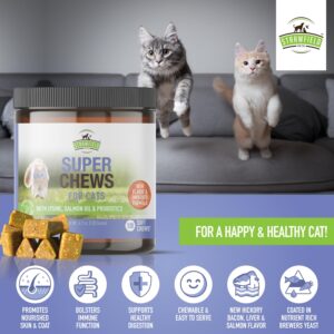 Strawfield Pets Super Chews for Cats - Lysine, Probiotics, Omega 3 Fish Oil (Salmon Oil), Catnip - Supports Immune, Gut, Skin & Joint Health - 120 Hickory Bacon Salmon & Liver Flavored Softchews