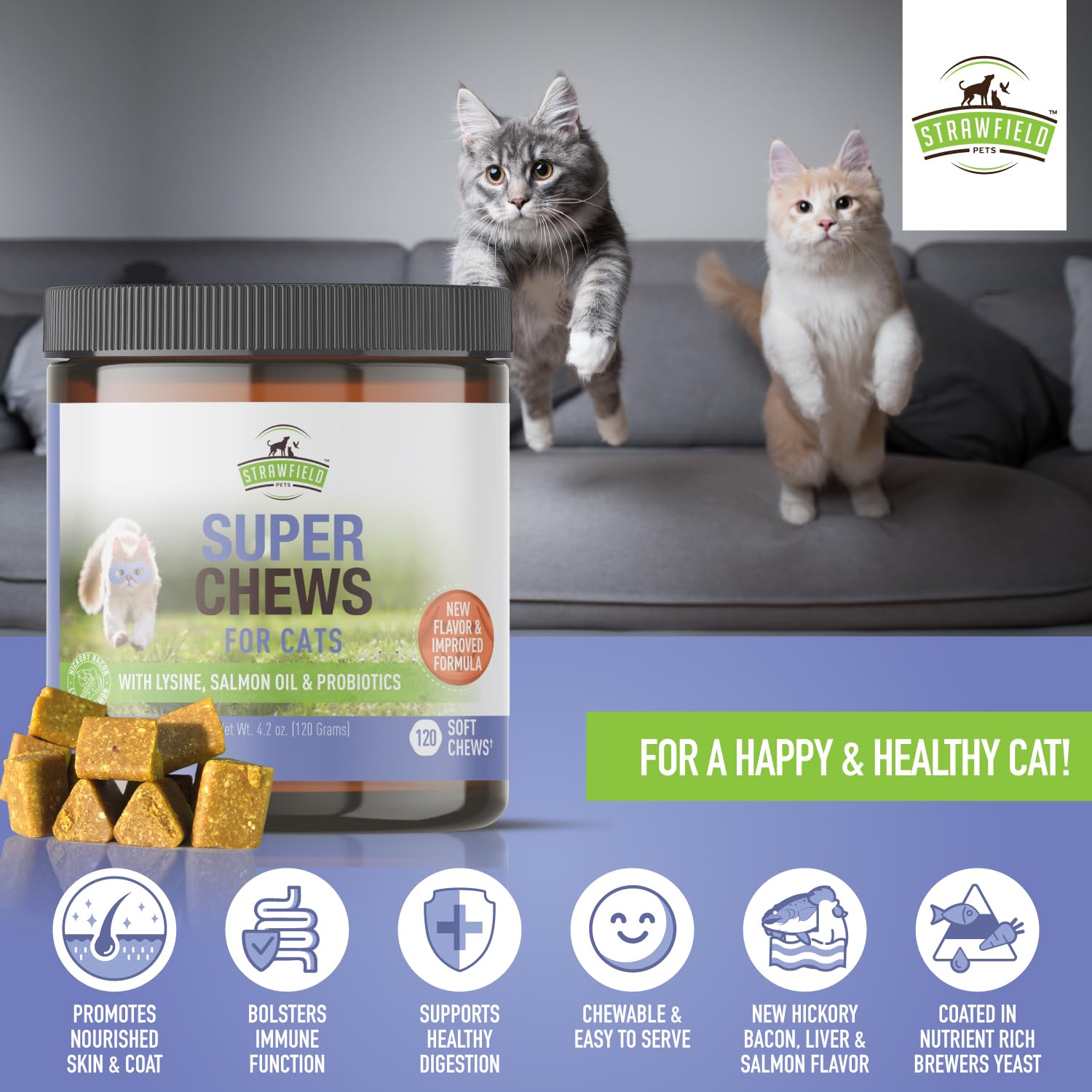 Strawfield Pets Super Chews for Cats - Lysine, Probiotics, Omega 3 Fish Oil (Salmon Oil), Catnip - Supports Immune, Gut, Skin & Joint Health - 120 Hickory Bacon Salmon & Liver Flavored Softchews