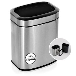 alpine 10 liter small bathroom trash can no lid - open top stainless steel bathroom trash can 2.6 gallon, slim silver trashcans for bedroom, office, desk, kitchen with removable bin for easy disposal