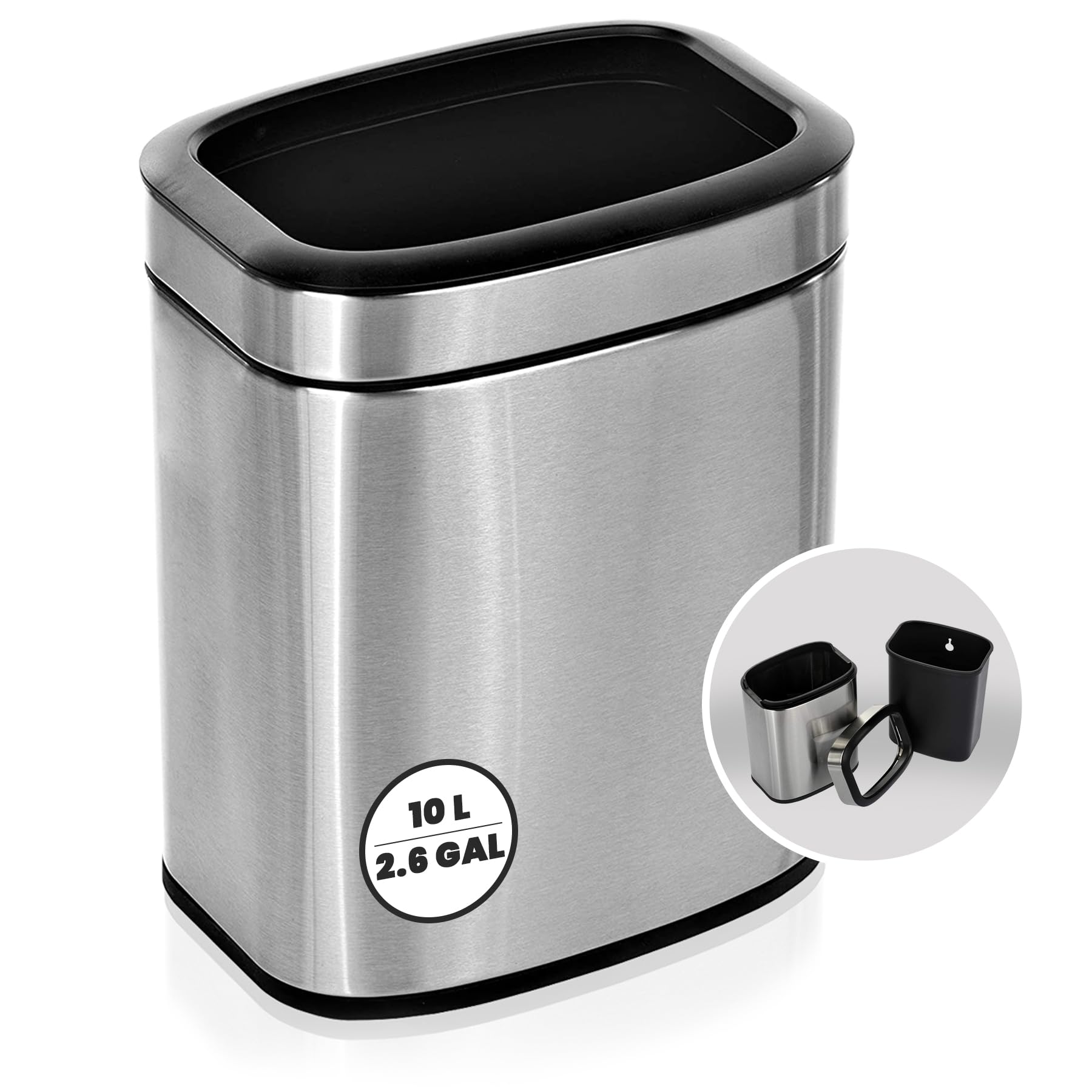 Alpine 10 Liter Small Bathroom Trash Can No Lid - Open Top Stainless Steel Bathroom Trash Can 2.6 Gallon, Slim Silver Trashcans for Bedroom, Office, Desk, Kitchen with Removable Bin for Easy Disposal