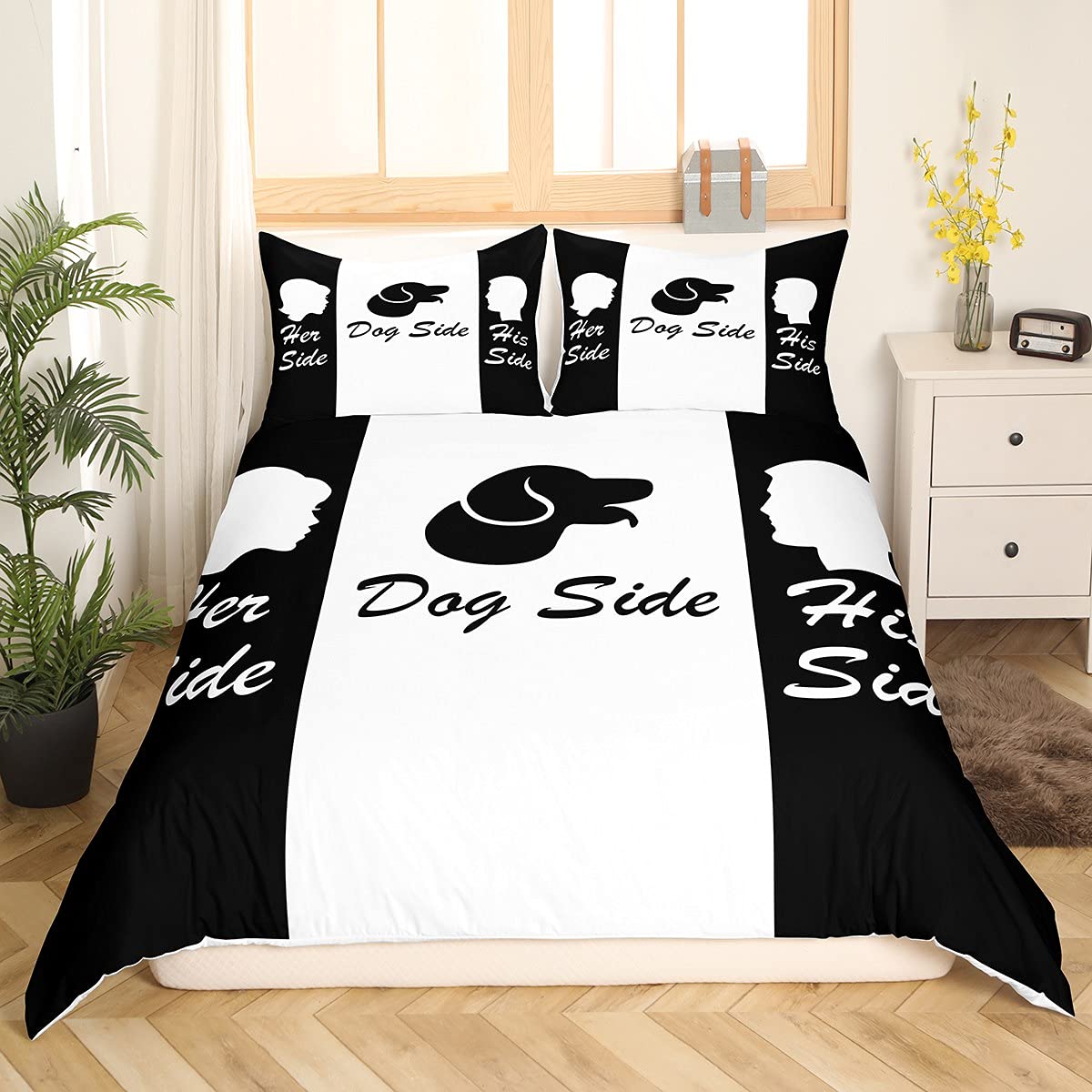 Dog Side and My Side Printed Comforter Cover King Size Couple Bedding Comforter Set Black White Dog Printed Decor Bedding Set for Adult Couple Romantic Theme Soft Duvet Cover with Zipper Closure