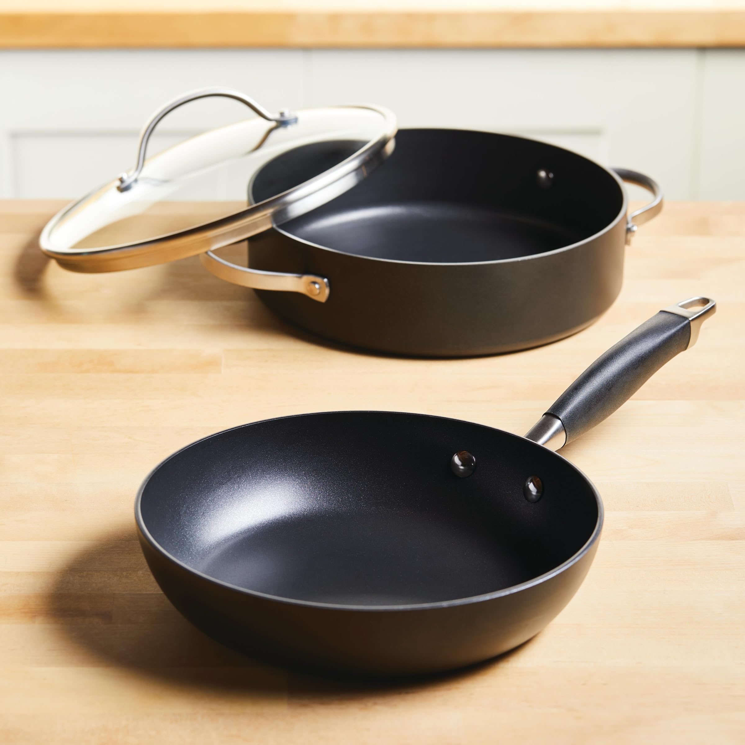 Anolon Advanced Home Hard Anodized Nonstick 3 Piece Cookware Set, 3-Quart Saute, 9.5-Inch Frying Pan, and Lid, 3 Piece - Onyx