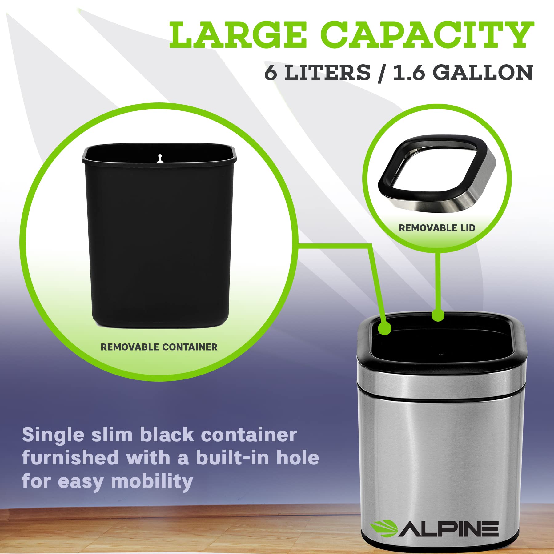 Alpine 6 L Stainless Steel Slim Open Trash Can - Compact Garbage Bin - Wide Access Top Slender Durable Receptacle with Sturdy Plastic Liner (1.6 Gal)