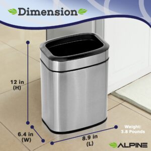 Alpine 6 L Stainless Steel Slim Open Trash Can - Compact Garbage Bin - Wide Access Top Slender Durable Receptacle with Sturdy Plastic Liner (1.6 Gal)