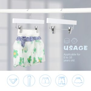 TOPIA HANGER 11.8 Inch White Wooden Pants Skirt Hangers for Kids Baby Toddler Children, Extra Thick Chrome Hooks & Anti-Wrinkle Premium Flat Clips 10 Pack CT09PW