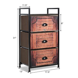 Tangkula 3 Drawer Dresser, Vertical Dresser Storage Tower with Fabric Drawers and Steel Frame, Industrial Wood Look Organizer Unit for Closet Entryway, Retro Freestanding Dresser