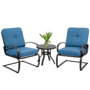 jy qaqa 3pcs outdoor patio bistro set springs motion chairs and round table set, indoor steel frame conversation furniture set with cushions(peacock blue)