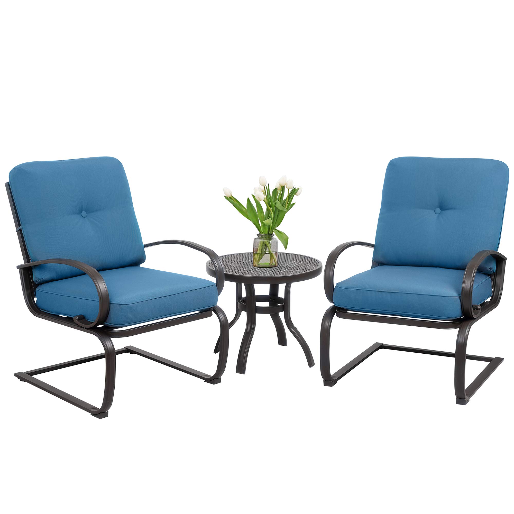 JY QAQA 3Pcs Outdoor Patio Bistro Set Springs Motion Chairs and Round Table Set, Indoor Steel Frame Conversation Furniture Set with Cushions(Peacock Blue)