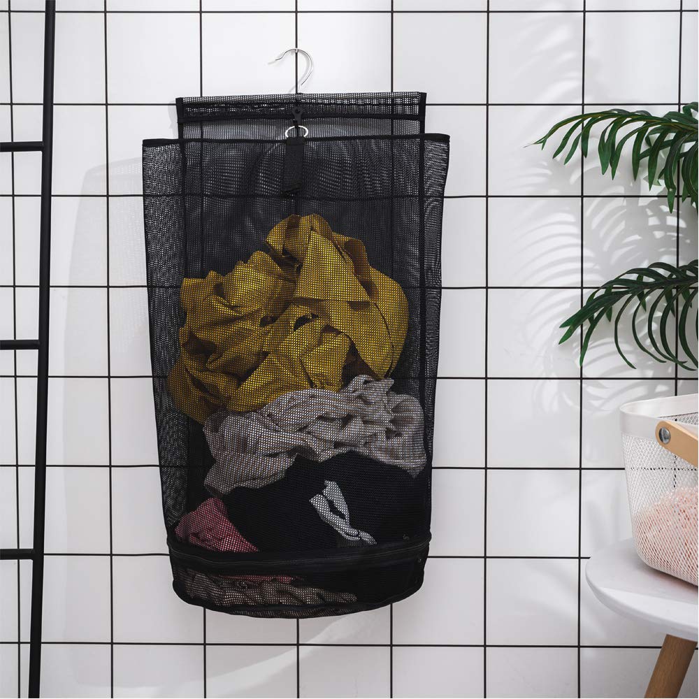 ALYER Hanging Semi Round Storage Mesh Bag,Collapsible Laundry Hamper Basket with Durable Hanger (Black)