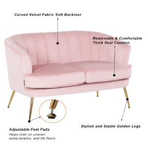 Artechworks Contemporary Velvet Loveseat Chair with Gold-Finished Metal Legs, 2-Seat Sofa for Living Room, Bedroom, Home Office, Pink