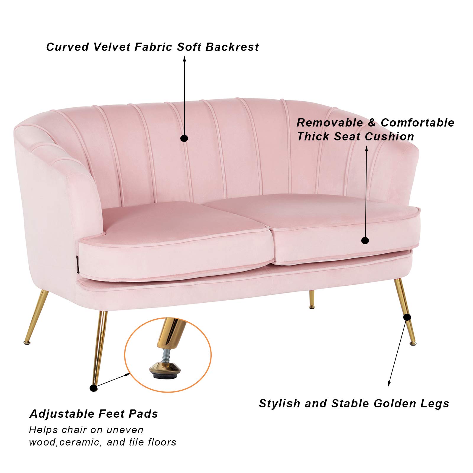 Artechworks Contemporary Velvet Loveseat Chair with Gold-Finished Metal Legs, 2-Seat Sofa for Living Room, Bedroom, Home Office, Pink