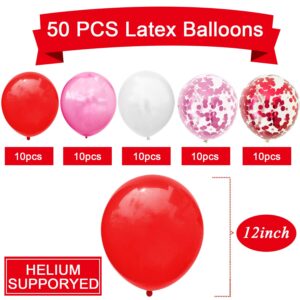 50PCS 12 Inches Latex Balloons Confetti Balloons Set - Red & Pink & White Balloons Helium Balloons for Valentines Day Bridal Shower Wedding Party Decorations Supplies