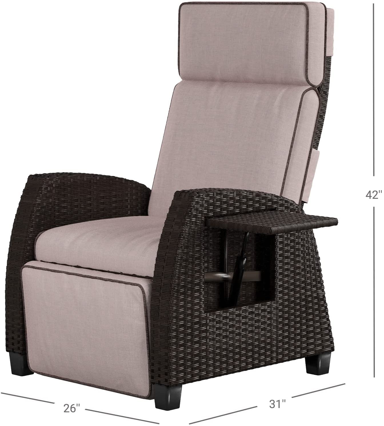 Grand patio Outdoor Recliner Moor Lay Flat Recliner with Flip Table Push Back Wicker Reclining Lounge Chair Flax