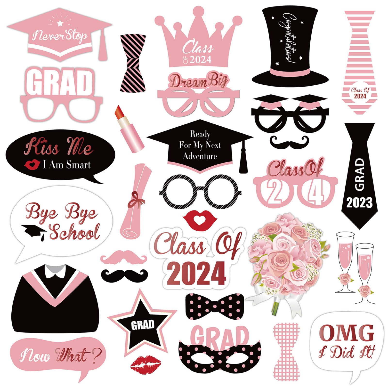 SWYOUN 31PCS 2024 Pink Graduation Photo Booth Props Congratulations 2024 Graduation Class of 2024 Party Supplies