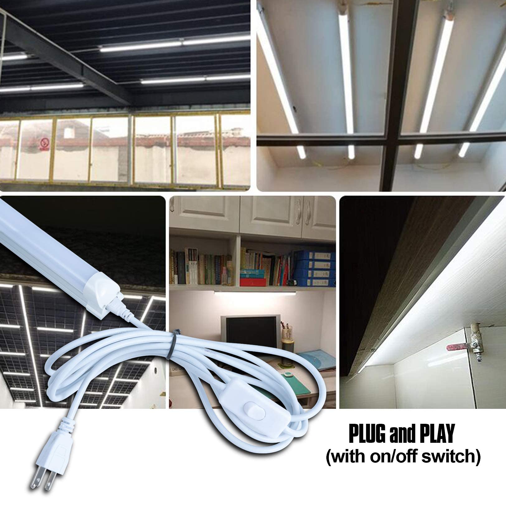 6 Pack T8 4FT 24W LED Integrated Tube Light Fixture,Shop Light with ON/Off Switch Power Line,Utility Linkable Lighting Daylight White 6000K,4 Foot Single Strip Indoor Connectable Lamp,Milky Cover