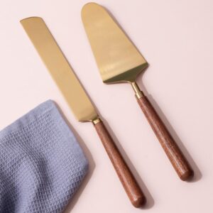 nestroots Cake Cutting Knife Server Serrated Knife Set Of 2 Dessert Server Gold With Mango Wood Handle