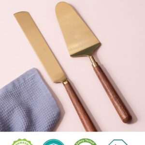 nestroots Cake Cutting Knife Server Serrated Knife Set Of 2 Dessert Server Gold With Mango Wood Handle