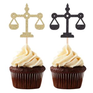 black and gold scale of justice cupcake toppers for law school graduation decors laywer theme party decorations - set of 24