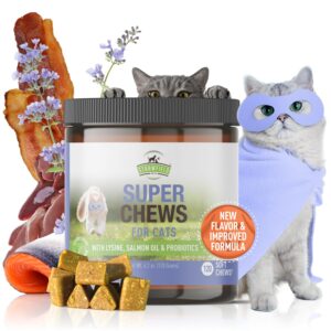 strawfield pets super chews for cats - lysine, probiotics, omega 3 fish oil (salmon oil), catnip - supports immune, gut, skin & joint health - 120 hickory bacon salmon & liver flavored softchews