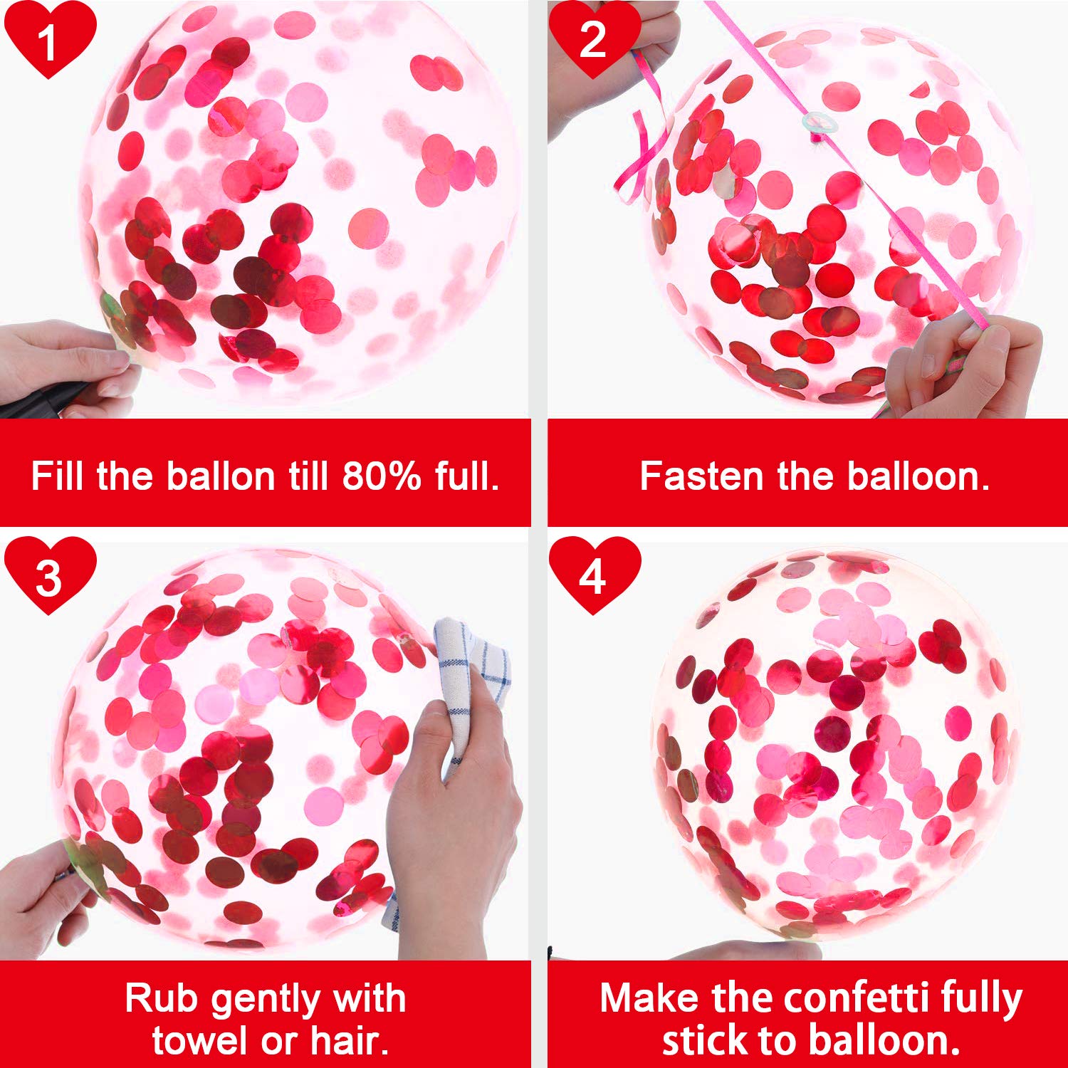 50PCS 12 Inches Latex Balloons Confetti Balloons Set - Red & Pink & White Balloons Helium Balloons for Valentines Day Bridal Shower Wedding Party Decorations Supplies