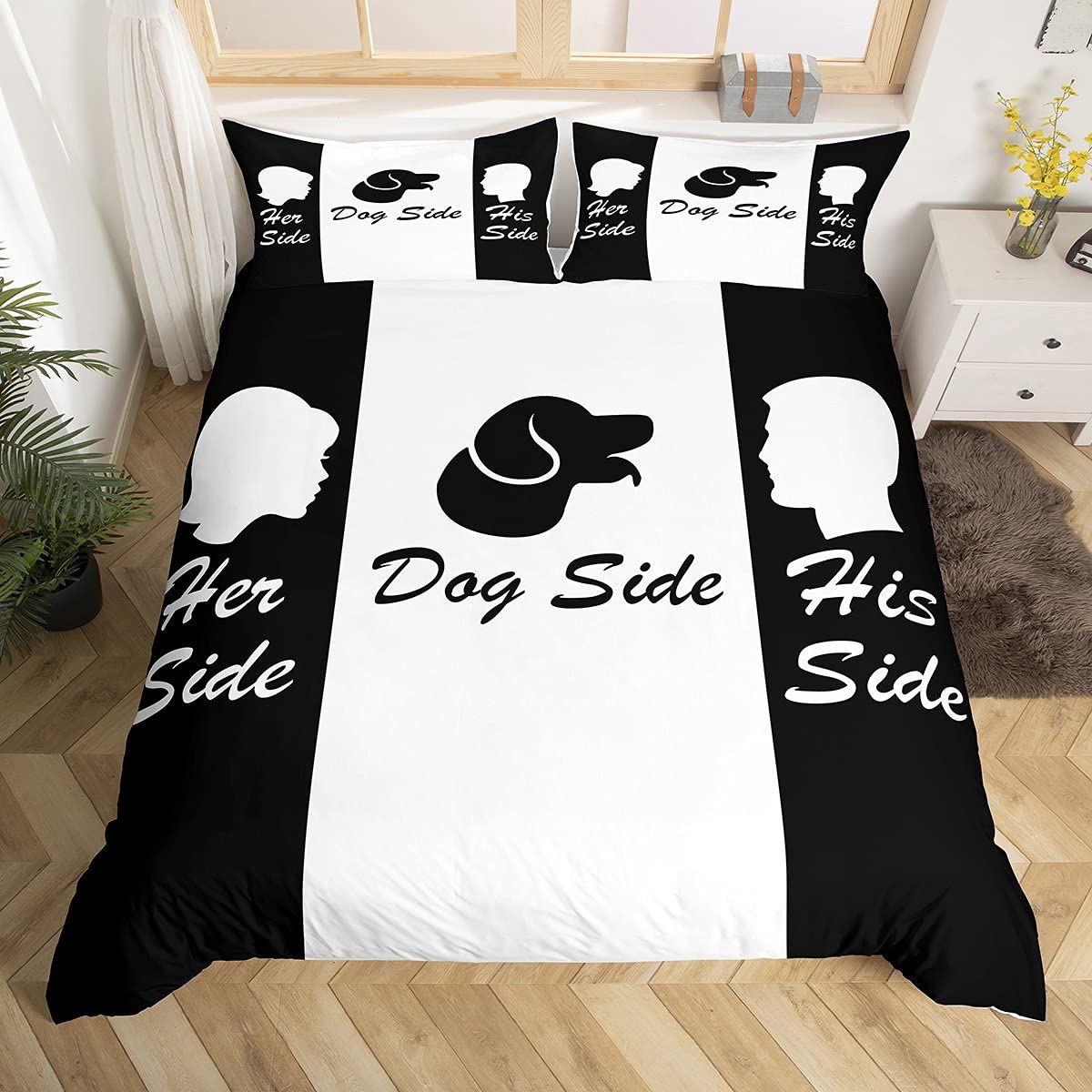 Dog Side and My Side Printed Comforter Cover King Size Couple Bedding Comforter Set Black White Dog Printed Decor Bedding Set for Adult Couple Romantic Theme Soft Duvet Cover with Zipper Closure