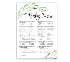 greenery baby shower game — baby trivia games — pack of 25 — fun baby facts games, floral, green, olive branch baby shower activity, rustic gender neutral baby shower games, g320-trv