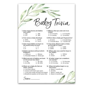 GREENERY Baby Shower Game — BABY TRIVIA Games — Pack of 25 — Fun Baby Facts Games, Floral, Green, Olive Branch Baby Shower Activity, Rustic Gender Neutral Baby Shower Games, G320-TRV