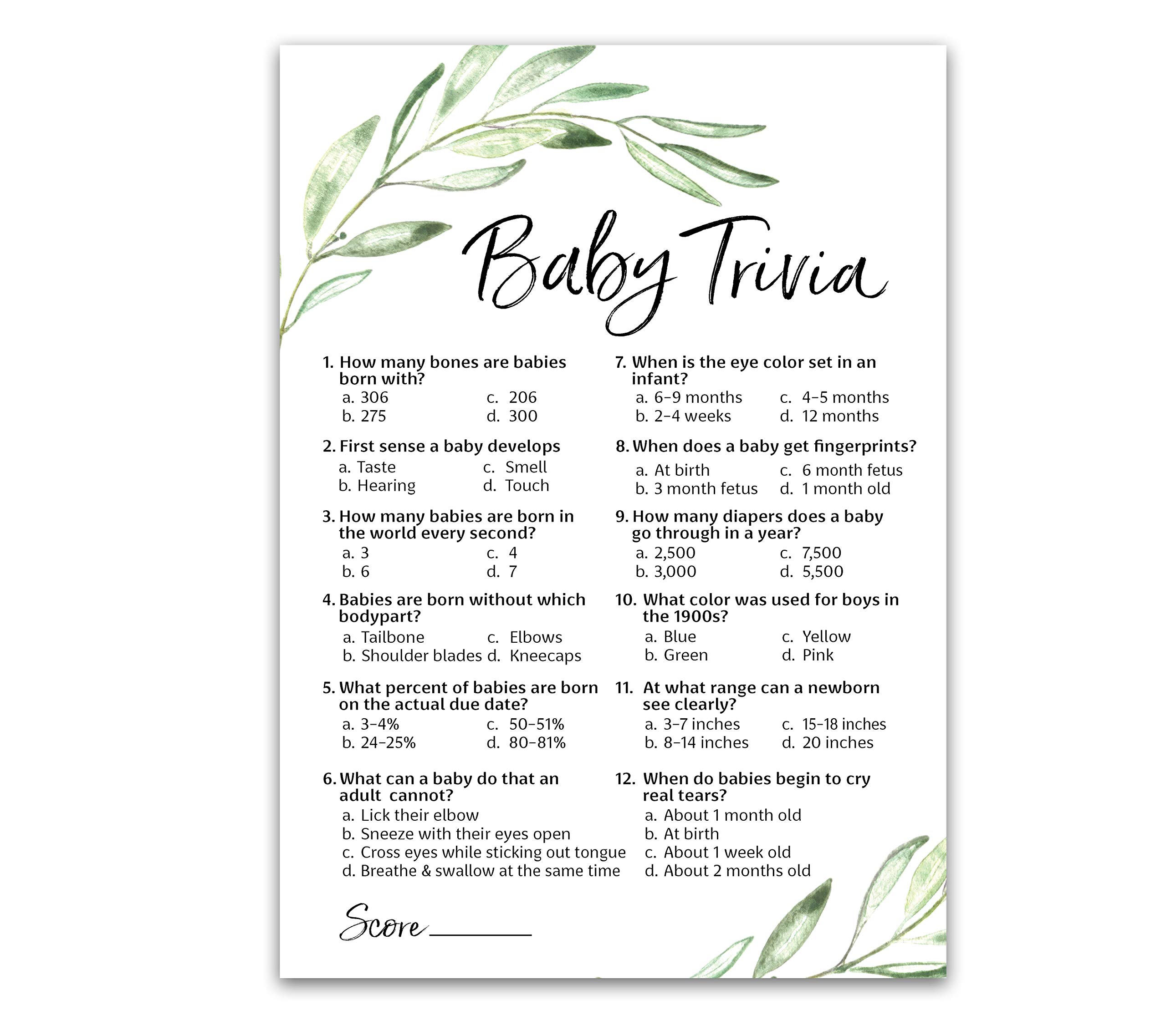 GREENERY Baby Shower Game — BABY TRIVIA Games — Pack of 25 — Fun Baby Facts Games, Floral, Green, Olive Branch Baby Shower Activity, Rustic Gender Neutral Baby Shower Games, G320-TRV