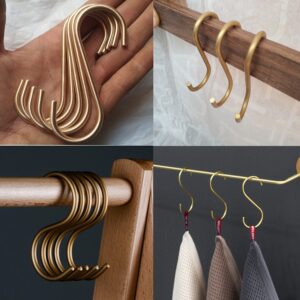 12 Pieces Brass S Shaped Hooks, Gold Coat Clothes Towel Hangers, Kitchen Pots Pans Coffee Cups Rack Hooks