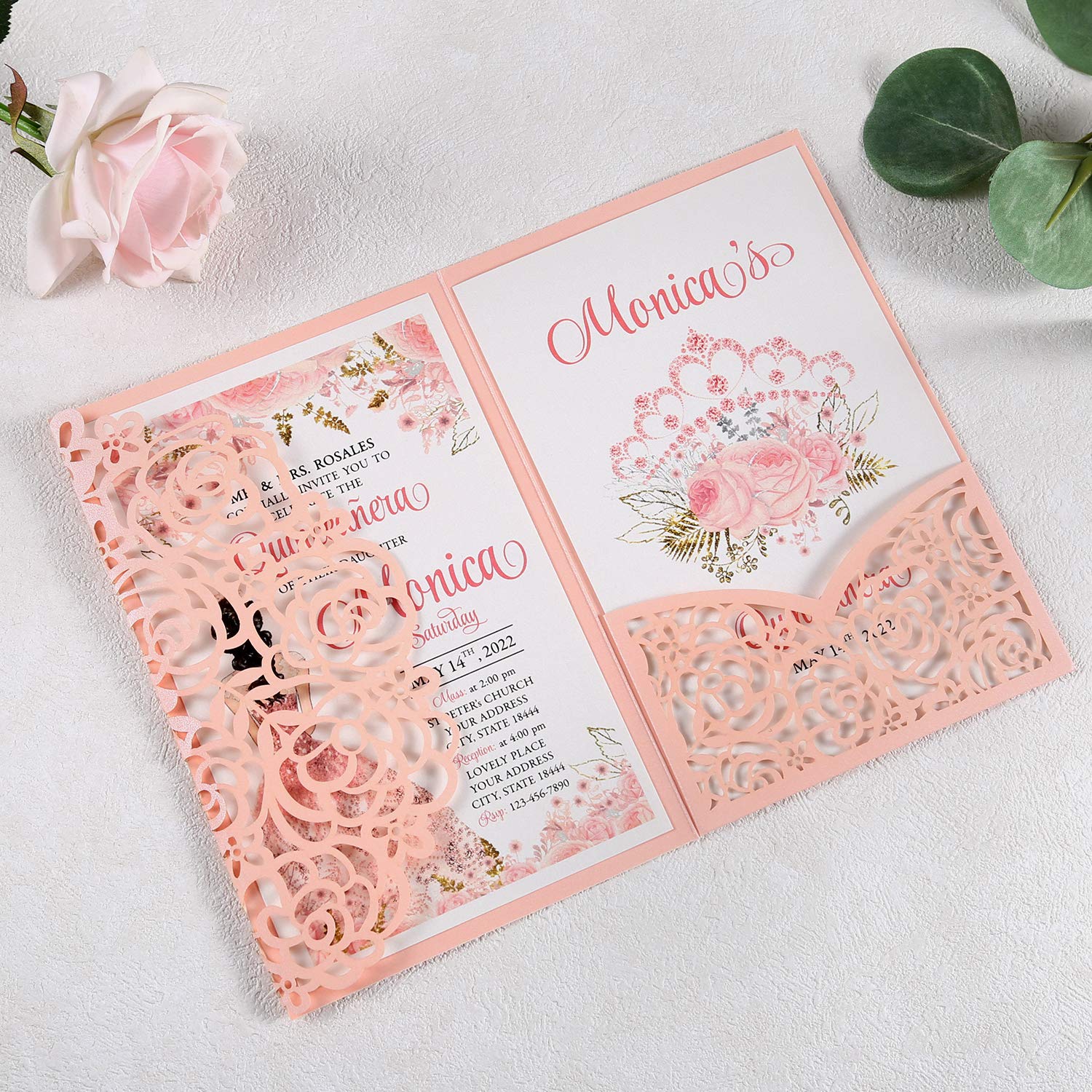 DreamBuilt 4.7 x7 inch 50PCS Personalized Pink Quinceanera Invitations Kit Laser Cut Hollow Rose Pocket Quinceanera Invitation Cards with Envelopes for Bridal Shower Quincenera Birthday Invite