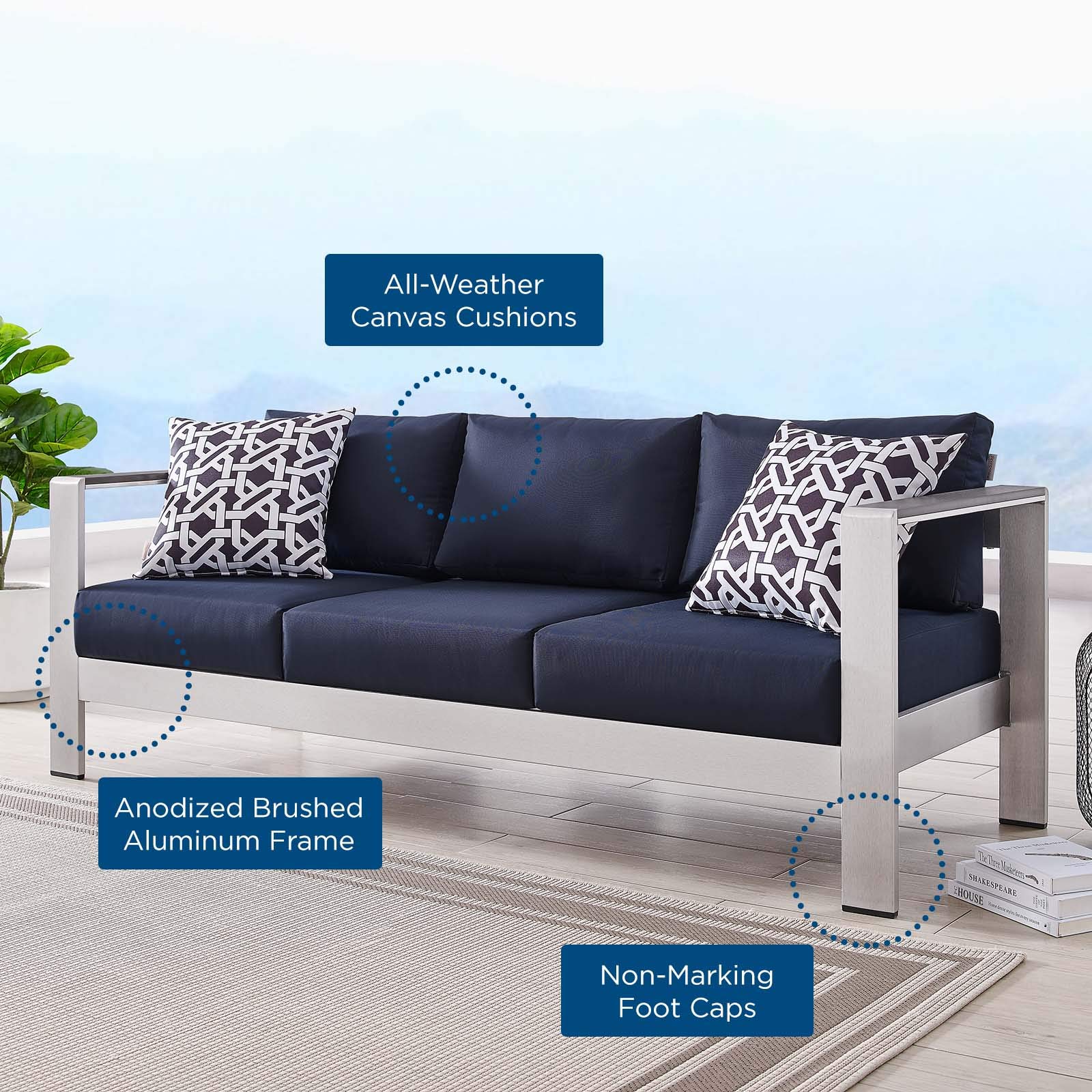 Modway Shore Aluminum Metal Outdoor Patio Sofa With Silver Navy All-Weather Cushions