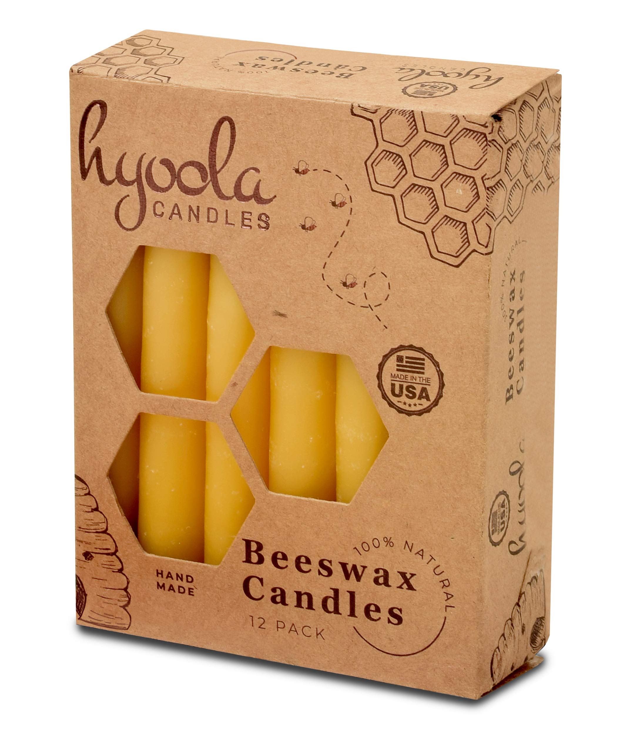 Hyoola Beeswax Candles 12 Pack - All Natural 100% Beeswax Tree Candles - 1/2 Inch Candles - Handmade in The USA - Yellow