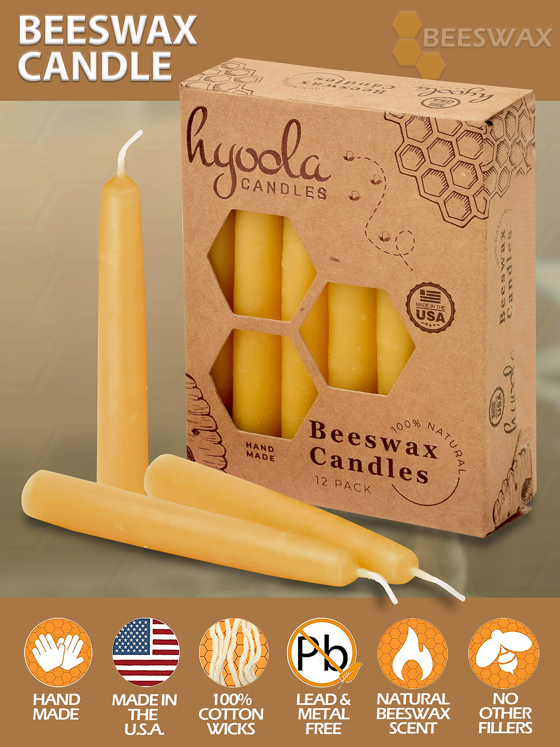 Hyoola Beeswax Candles 12 Pack - All Natural 100% Beeswax Tree Candles - 1/2 Inch Candles - Handmade in The USA - Yellow