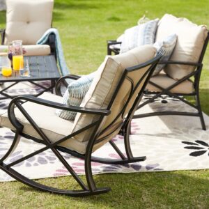 Patio Festival 5 Pieces Patio Conversation Set Wrought Iron Outdoor Furniture Deep Seating Metal Padded Cushion Sofa for Backyard Porch Poolside Balcony((Khaki)