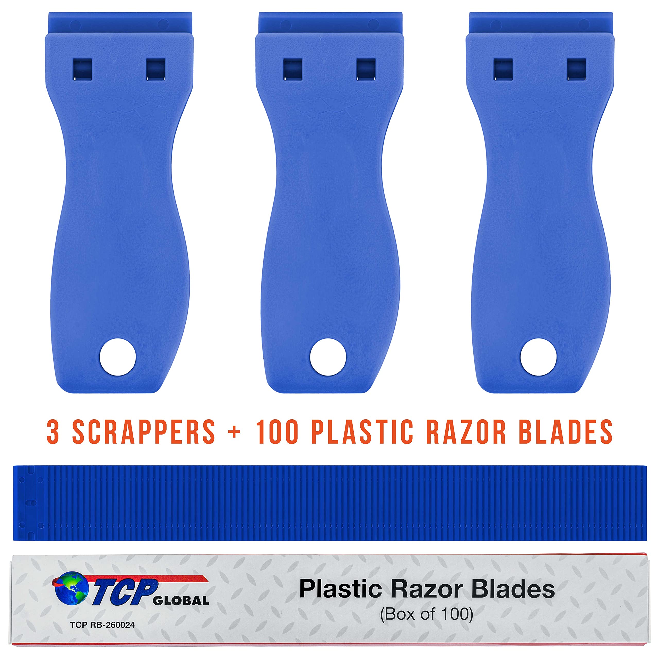 TCP Global Scraper Set with 100 Piece Double Edge Plastic Razor Blades and (3) Scraper Tool Utility Knife Holders for Glass, Removing Labels, Stickers and Detail window film graphics