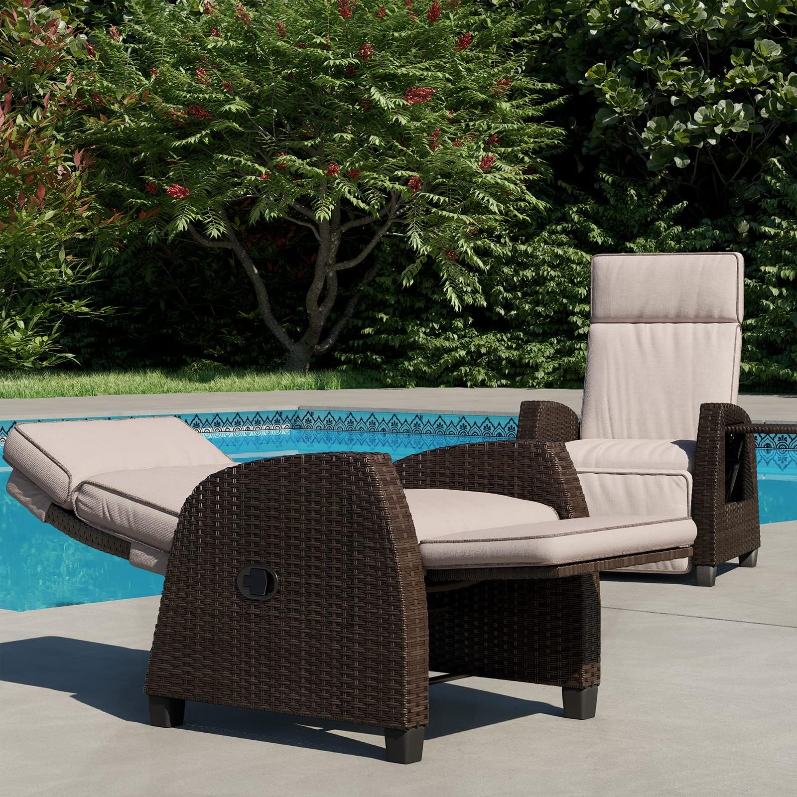 Grand patio Outdoor Recliner Moor Lay Flat Recliner with Flip Table Push Back Wicker Reclining Lounge Chair Flax