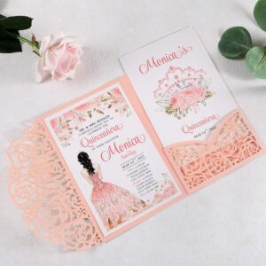 DreamBuilt 4.7 x7 inch 50PCS Personalized Pink Quinceanera Invitations Kit Laser Cut Hollow Rose Pocket Quinceanera Invitation Cards with Envelopes for Bridal Shower Quincenera Birthday Invite