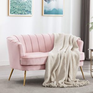 Artechworks Contemporary Velvet Loveseat Chair with Gold-Finished Metal Legs, 2-Seat Sofa for Living Room, Bedroom, Home Office, Pink