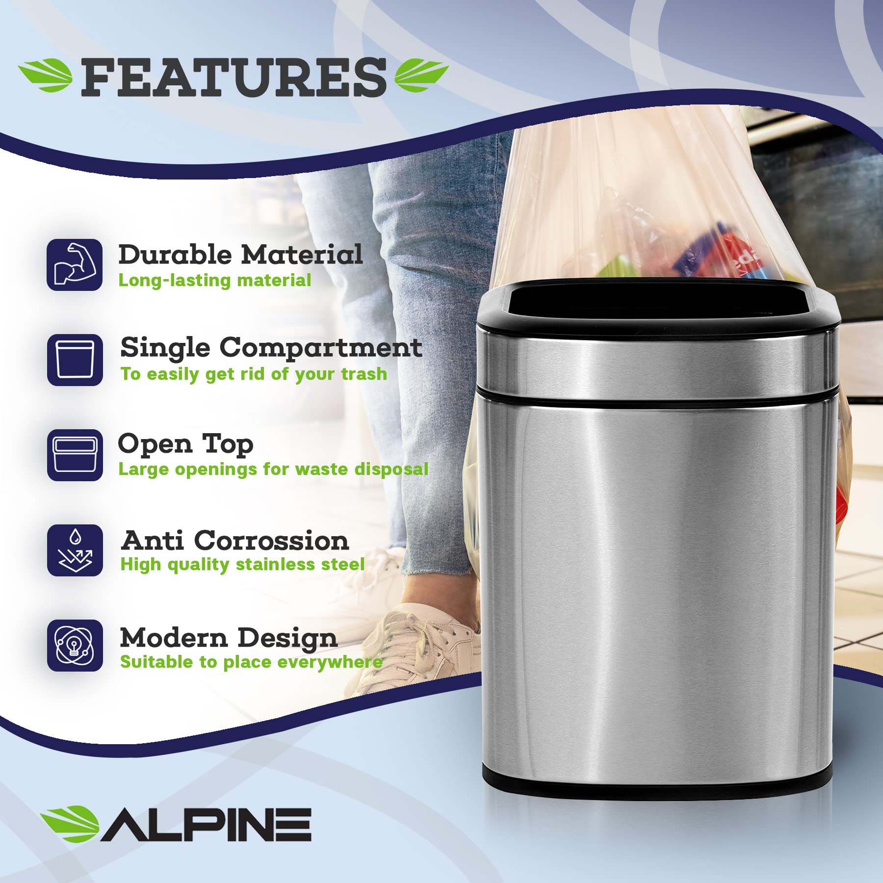 Alpine 6 L Stainless Steel Slim Open Trash Can - Compact Garbage Bin - Wide Access Top Slender Durable Receptacle with Sturdy Plastic Liner (1.6 Gal)